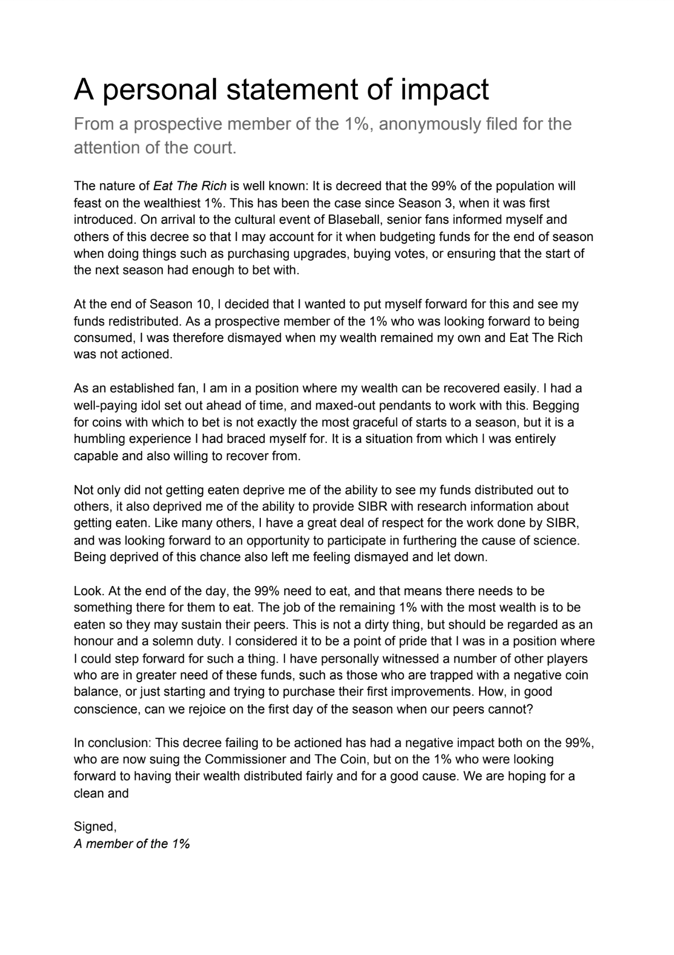 Personal Impact Statement – Eat The Rich Class Action